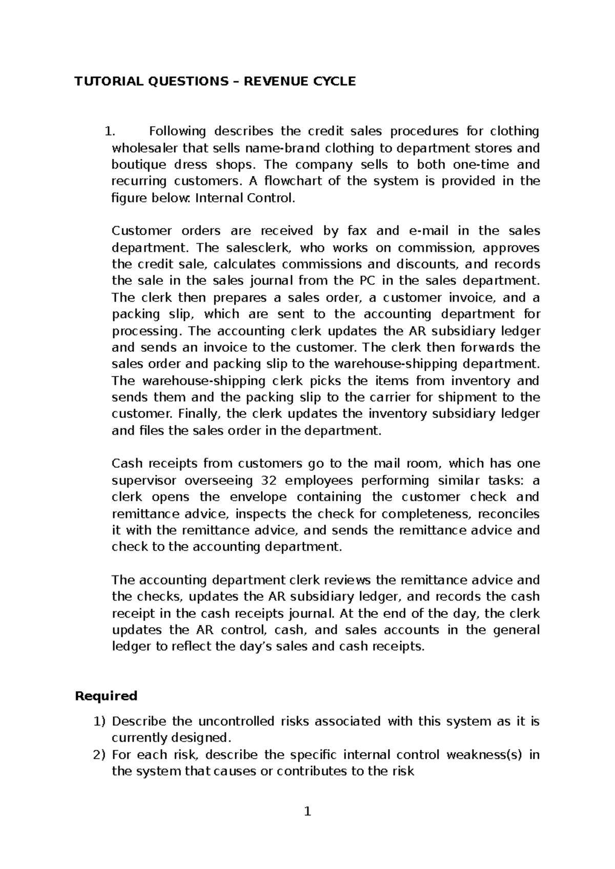 Tutorial Questions: Revenue Cycle Analysis and Internal Controls - Studocu