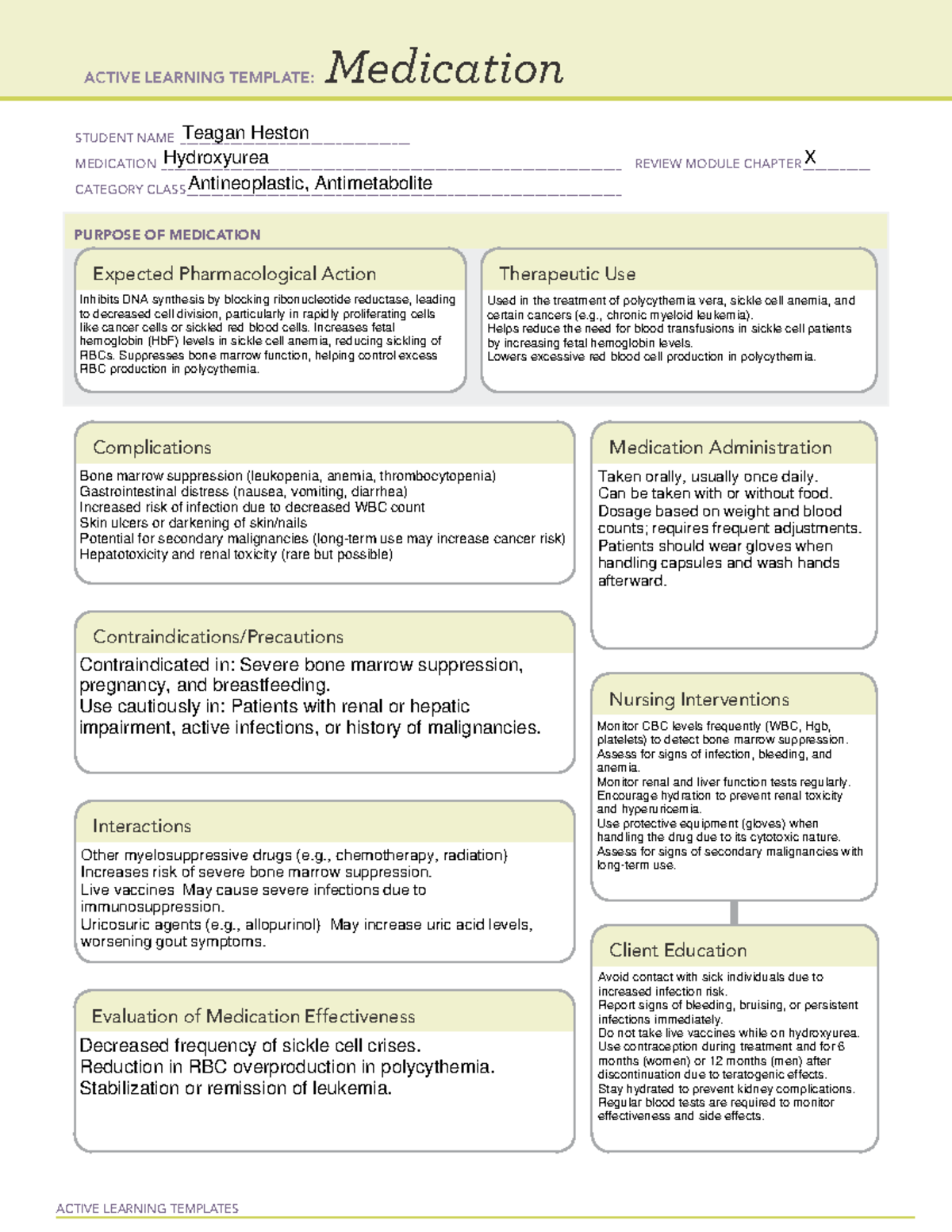 ACTIVE LEARNING TEMPLATE: Hydroxyurea Medication Review CHAPTER__X ...