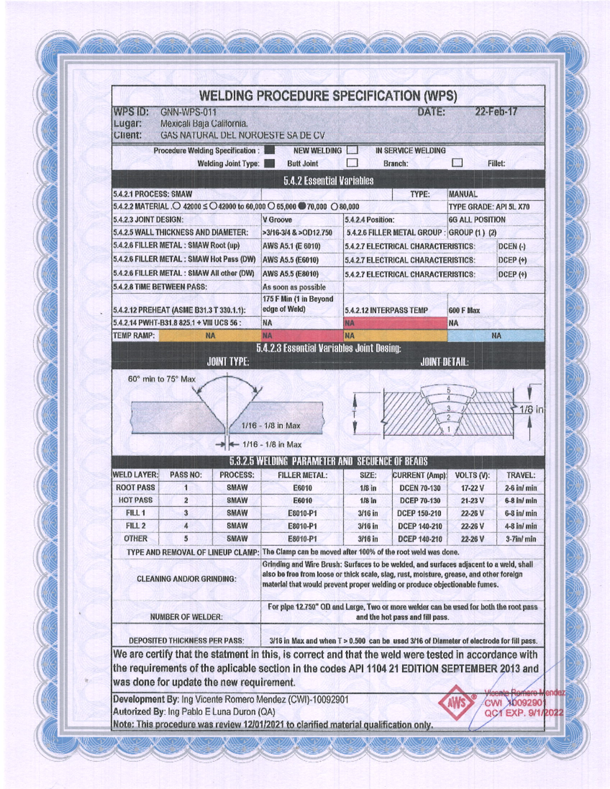GNN-WPS-PQR-011: Welding Procedure Specification for API 1104 - Studocu