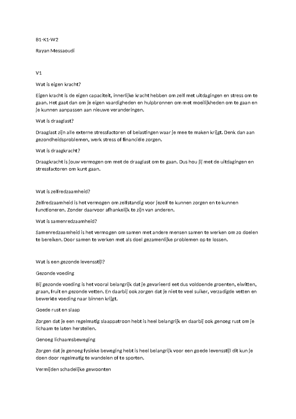 B1-K1-W2 - Belangrijke Concepten van Eigen Kracht en Gezonde Levensstijl - Studeersnel