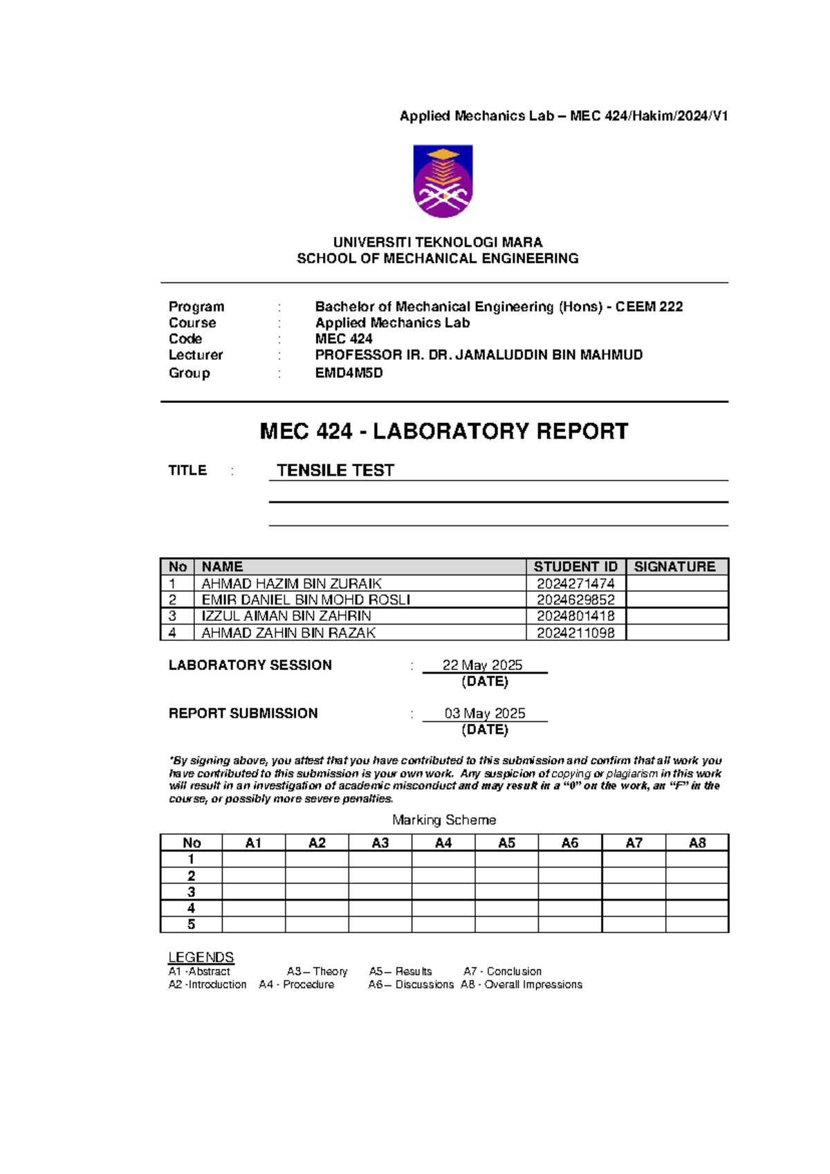 Tensile Test Lab Report for MEC 424 - Bachelor of Mechanical ...