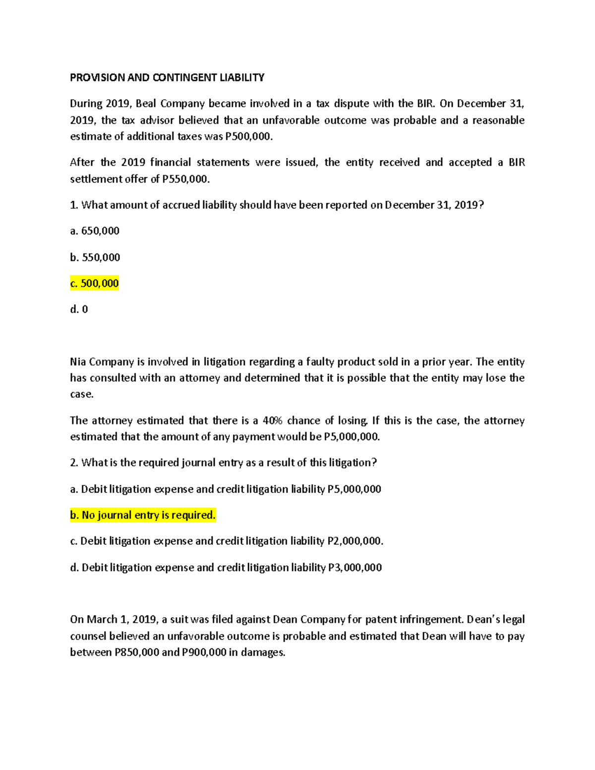 Provision and Contingent Liability Analysis: Problem Set 5-11 - Studocu