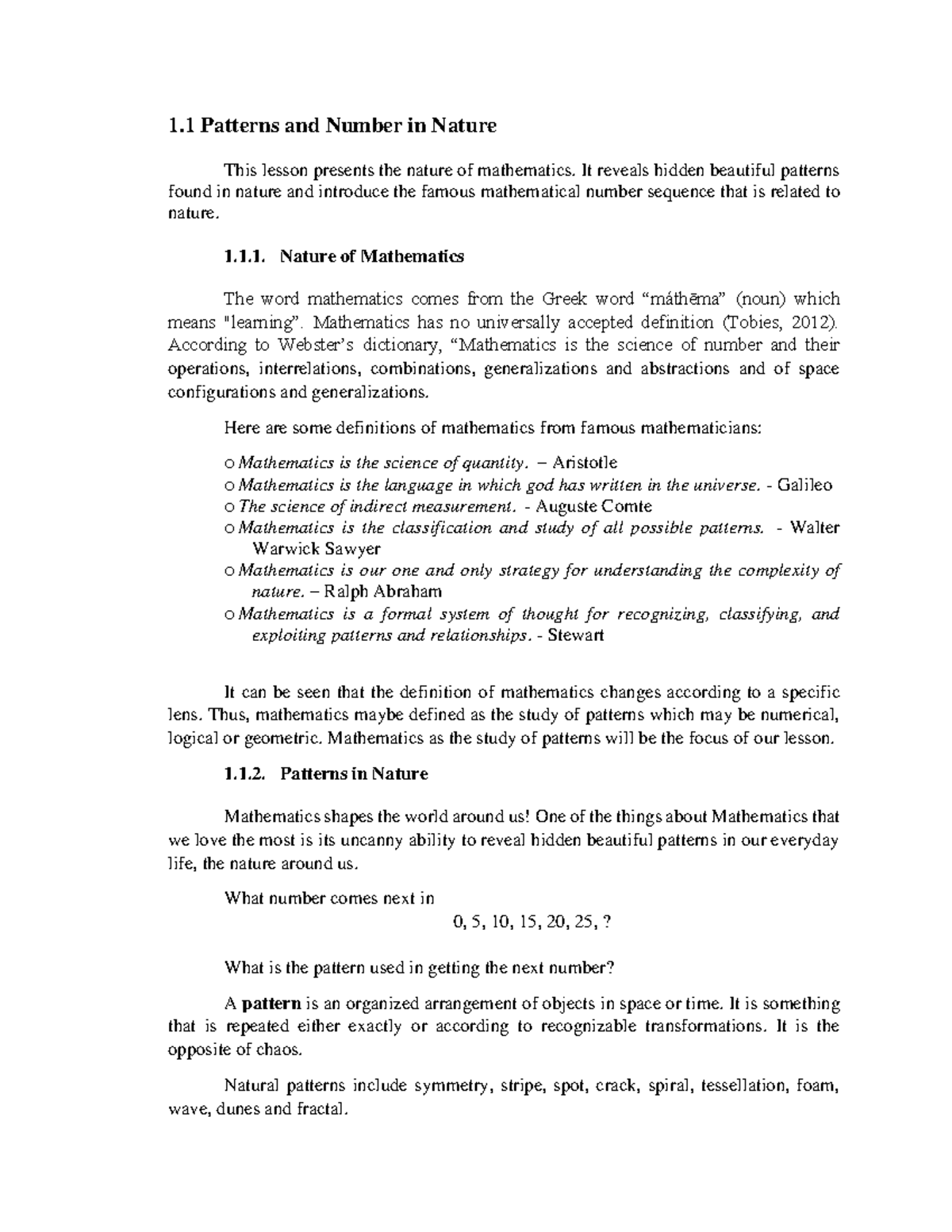 Chapter 1: Math in the Modern World - Patterns & Numbers in Nature - Studocu