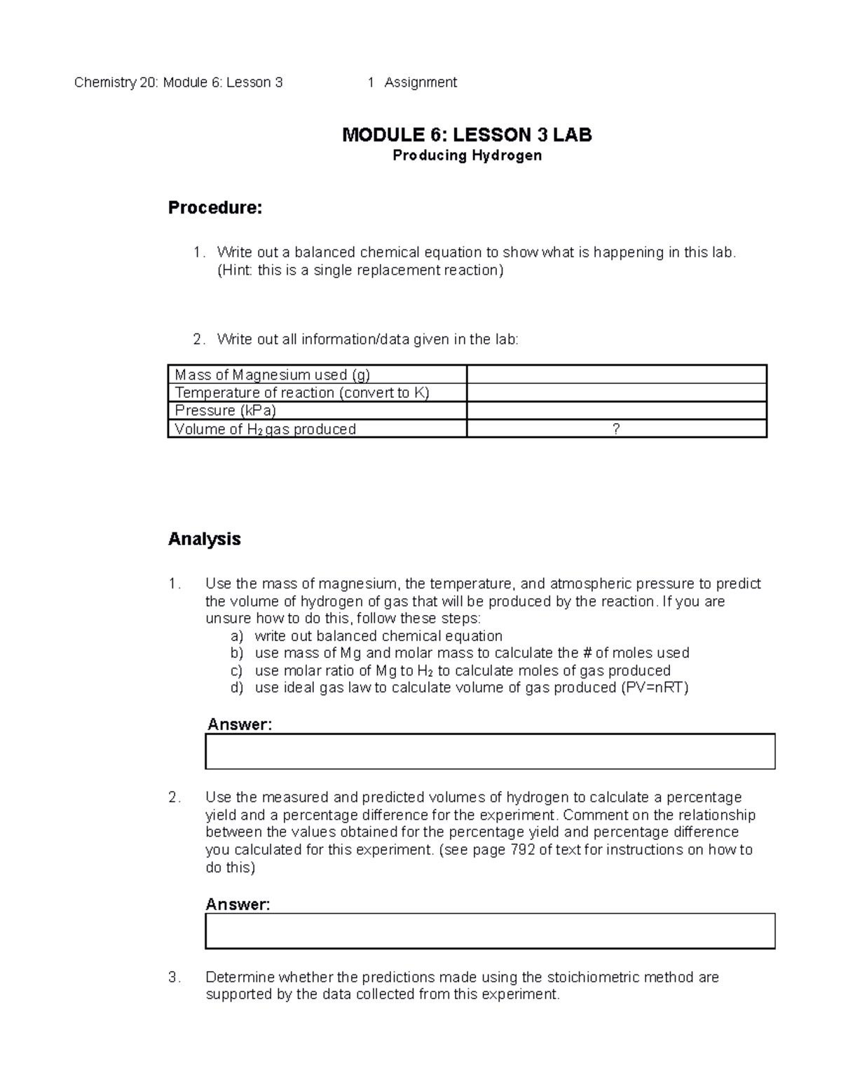 Lesson 3 lab- producing hydrogen - Chemistry 20: Module 6: Lesson 3 1 ...