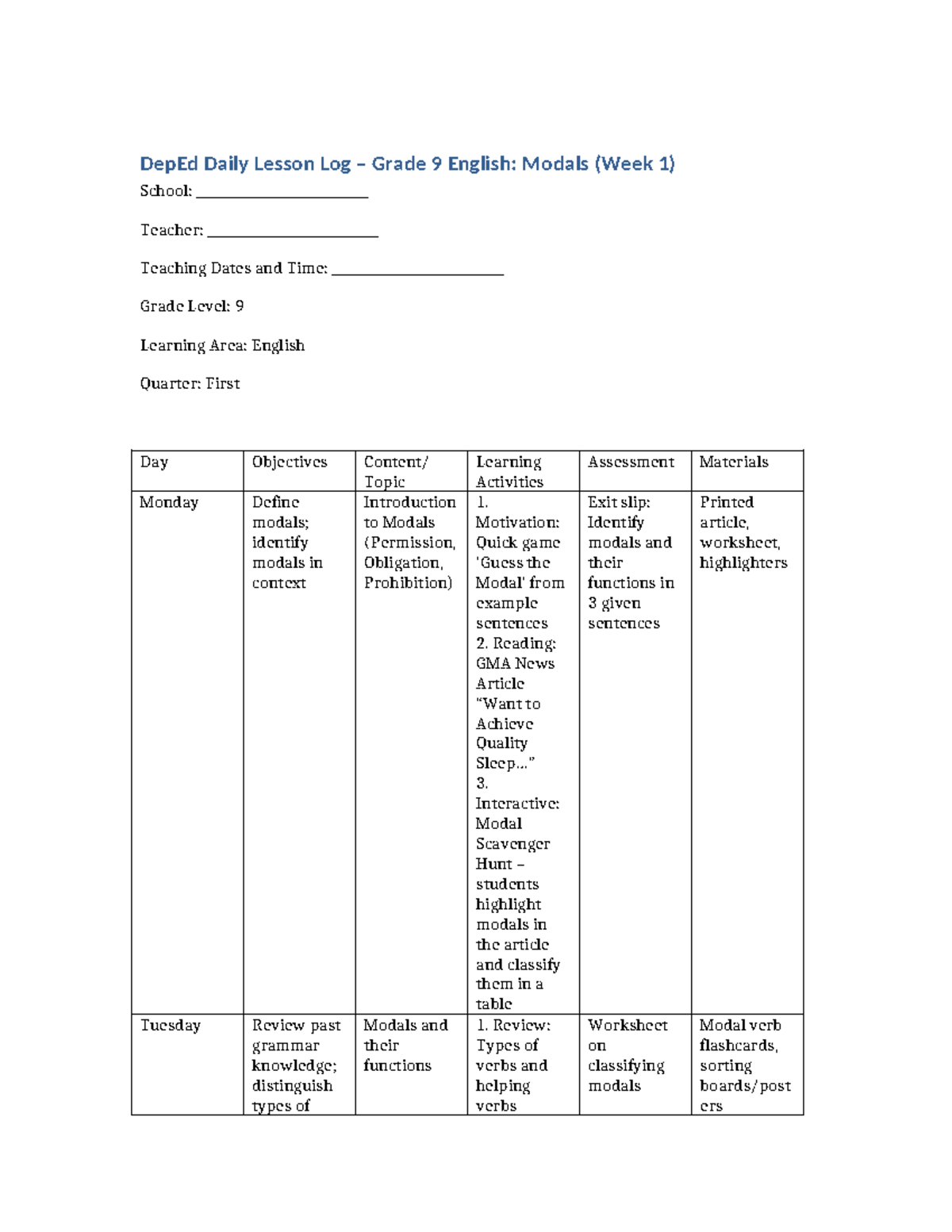 DepEd DLL Grade 9 English: Modals Lesson Plan (Week 1) - Studocu