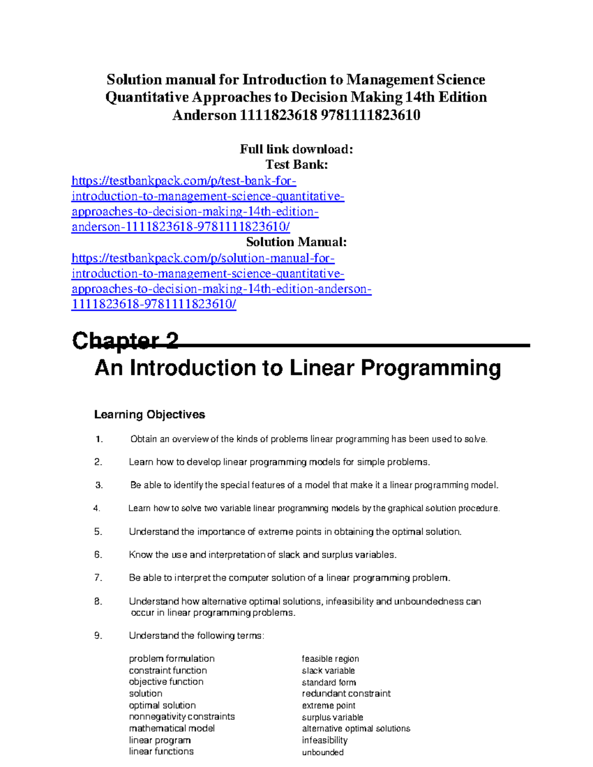 Solution Manual: Intro to Management Science - Linear Programming (Ch 2) - Studocu