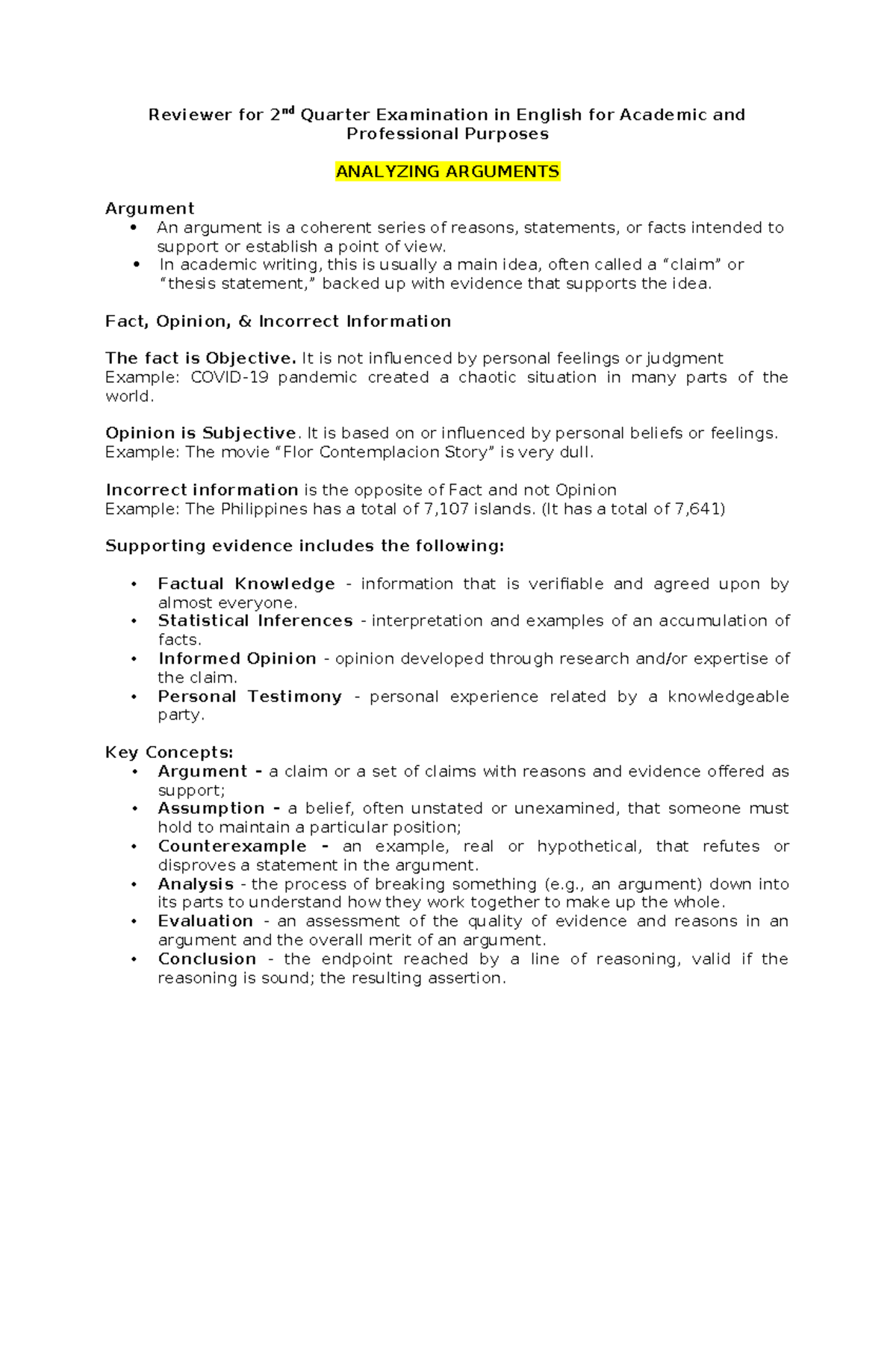 EAPP Reviewer for 2nd Quarter Exam: Analyzing Arguments and Position ...