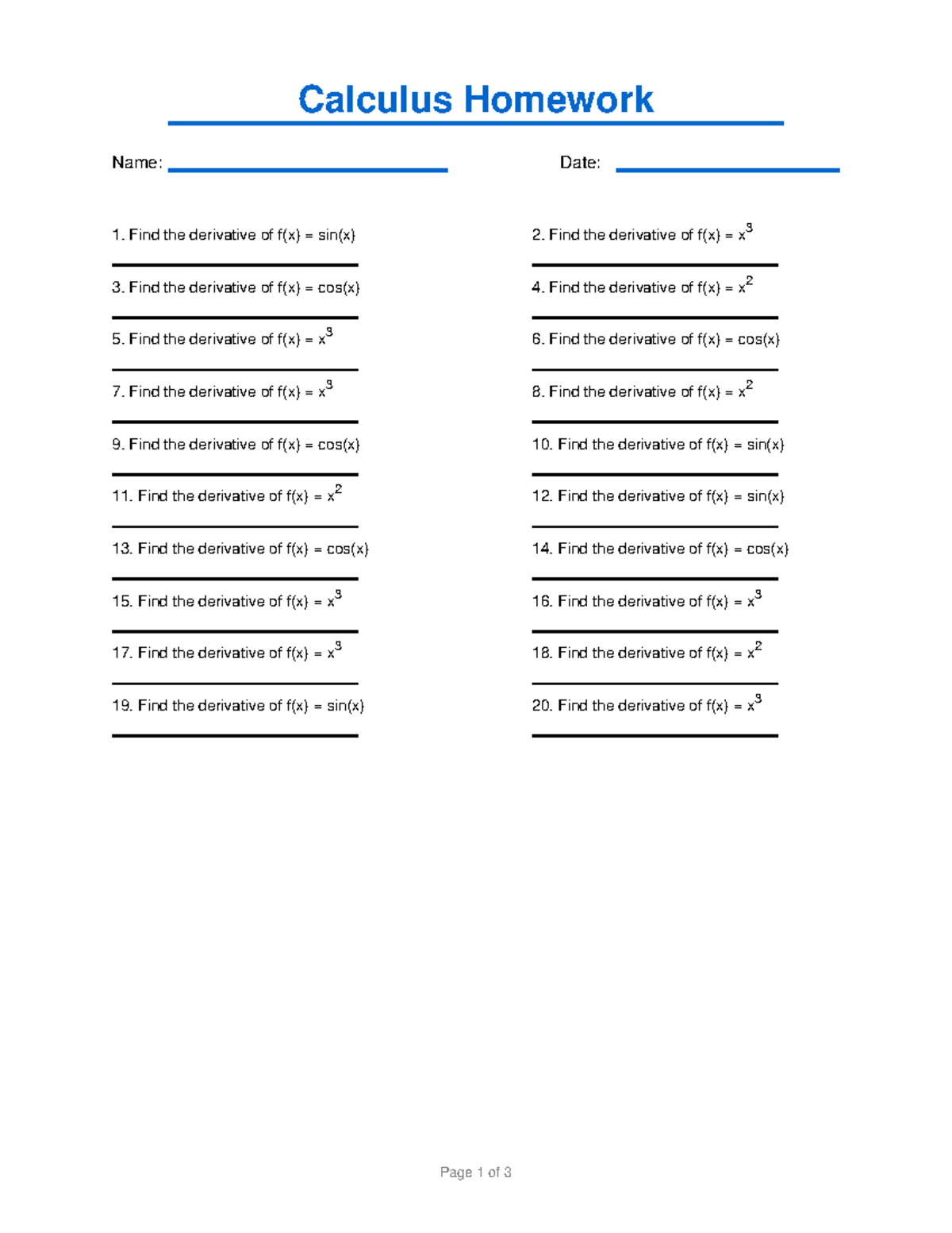 Calculus Homework 8: Derivatives of Functions - Studocu
