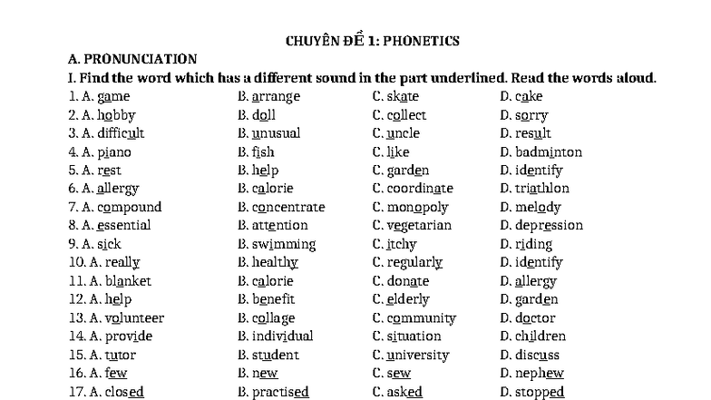 E7 CHUYÊN ĐỀ 1: PHONETICS - PRONUNCIATION EXERCISES - Studocu