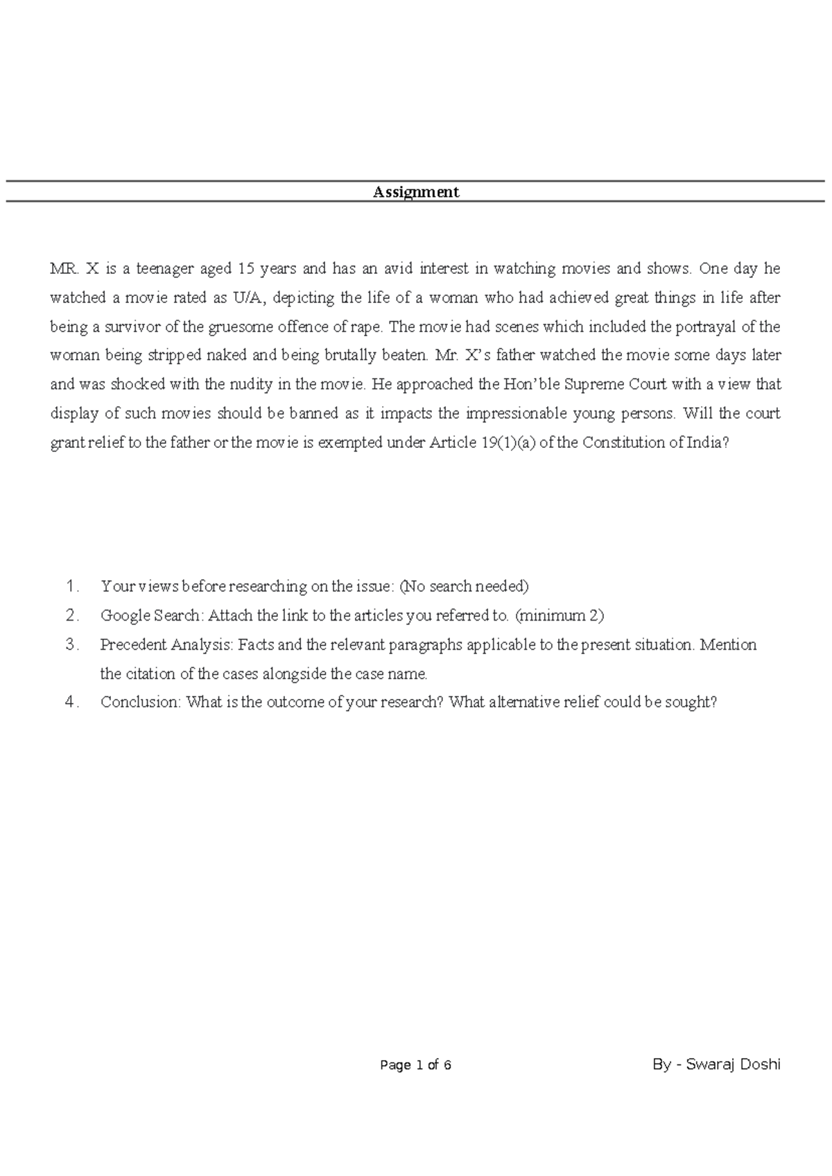 Assignment - Censorship in Film: Balancing Expression & Morality - Studocu