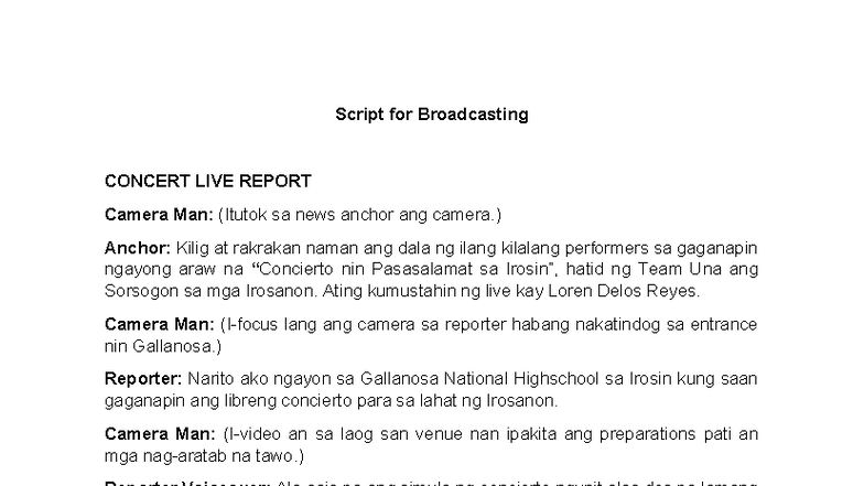 Broadcast Script: CONCERT LIVE REPORT for Irosanon Event - Studocu