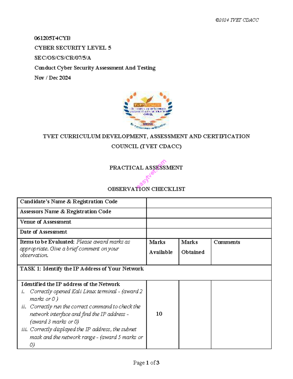 TVET CDACC 061205T4CYB Cyber Security Level 5 Assessment Checklist ...