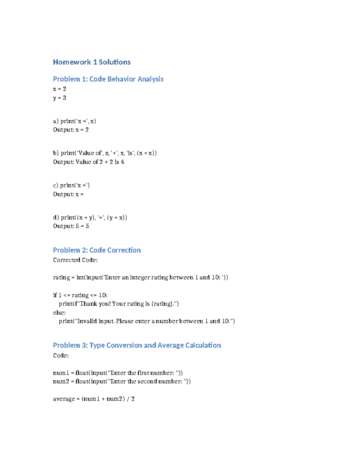 Homework 1 Solutions: Code Behavior, Correction, and Conversion ...