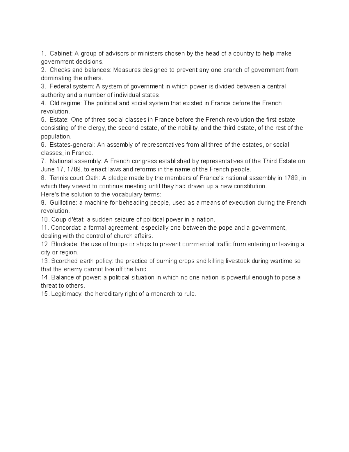 French Revolution Vocabulary Terms - Study Guide for Exam (HIST 101 ...