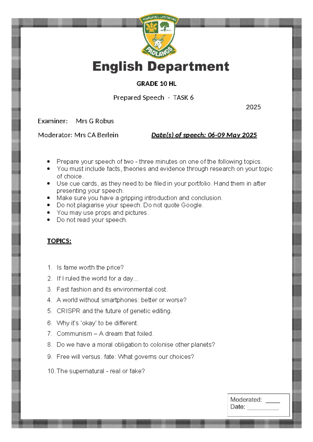 Grade 10 HL prepared speech task 8 topics and guidelines 2025 - Studocu