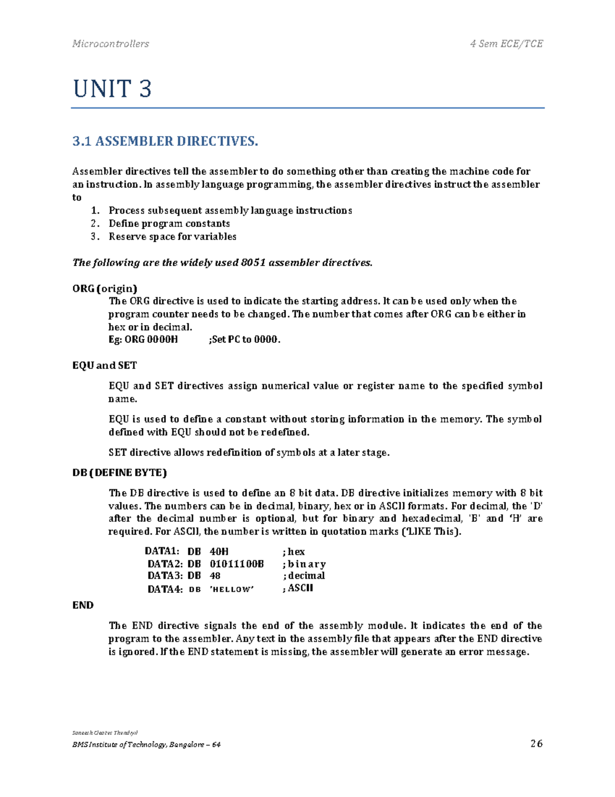 MC 8051 Programs - Lecture Notes on Assembler Directives and Examples ...