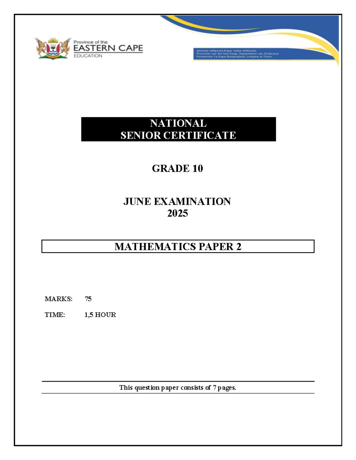 Arch Mathematics P2 Grade 10 June Exam 2025 - Question Paper - Studocu