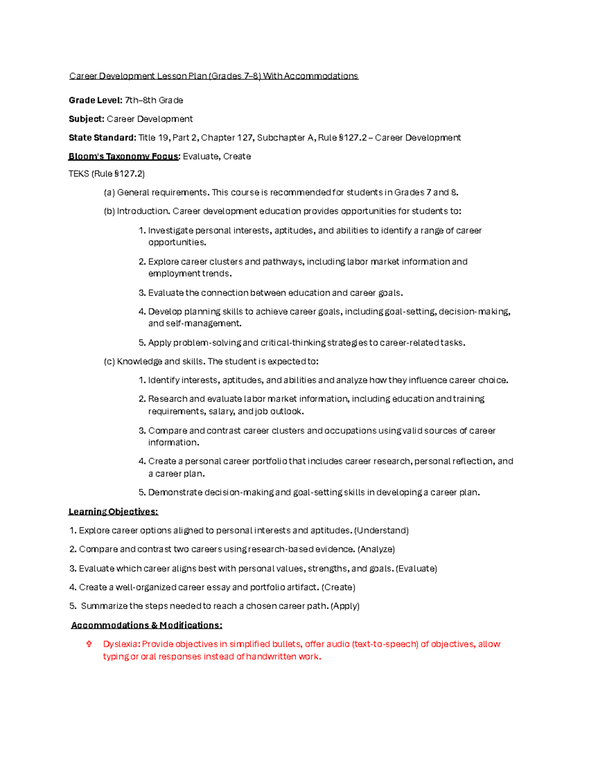 Career Development Lesson Plan (Grades 7-8) with Accommodations - Studocu