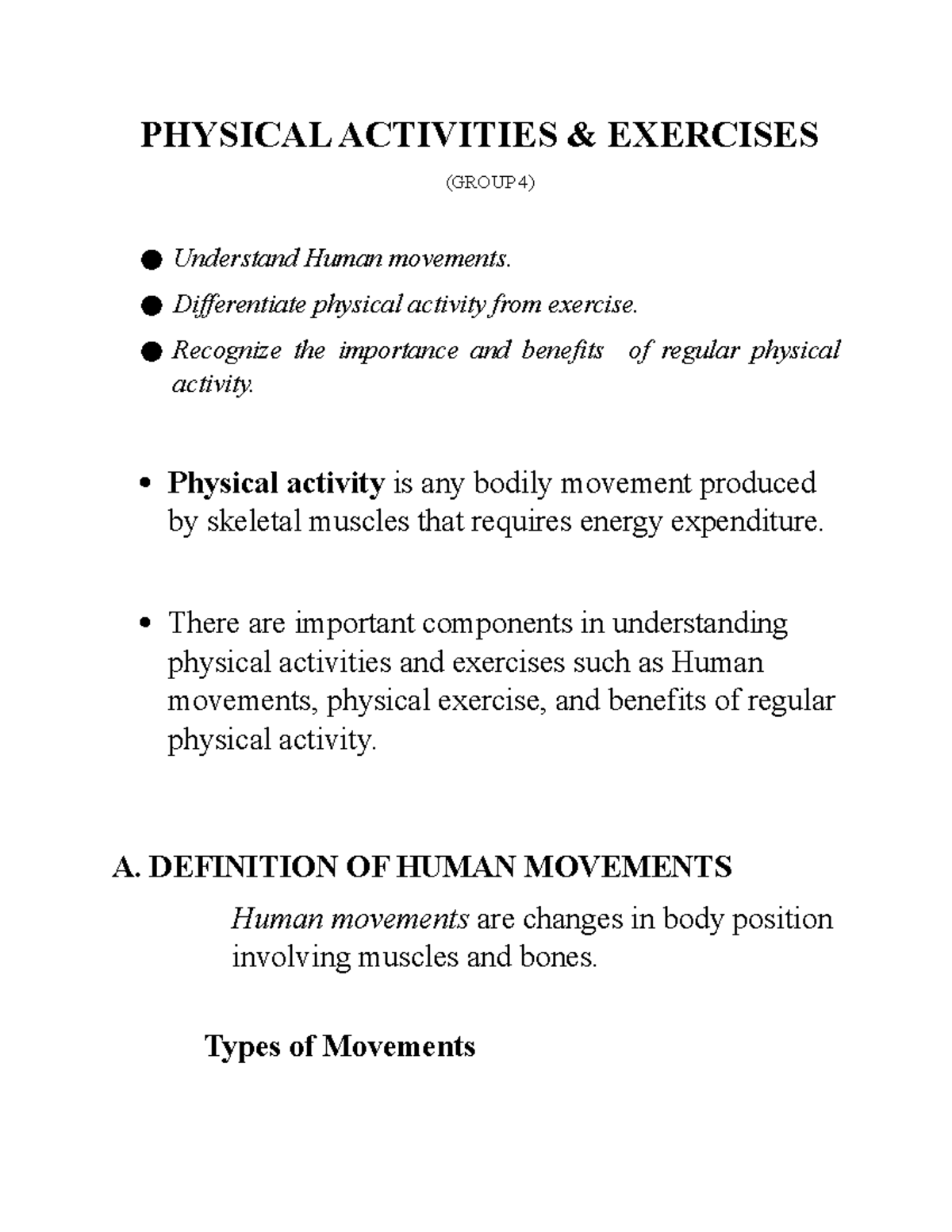 PHYSICAL ACTIVITIES & EXERCISES OVERVIEW (GROUP 4) - Studocu