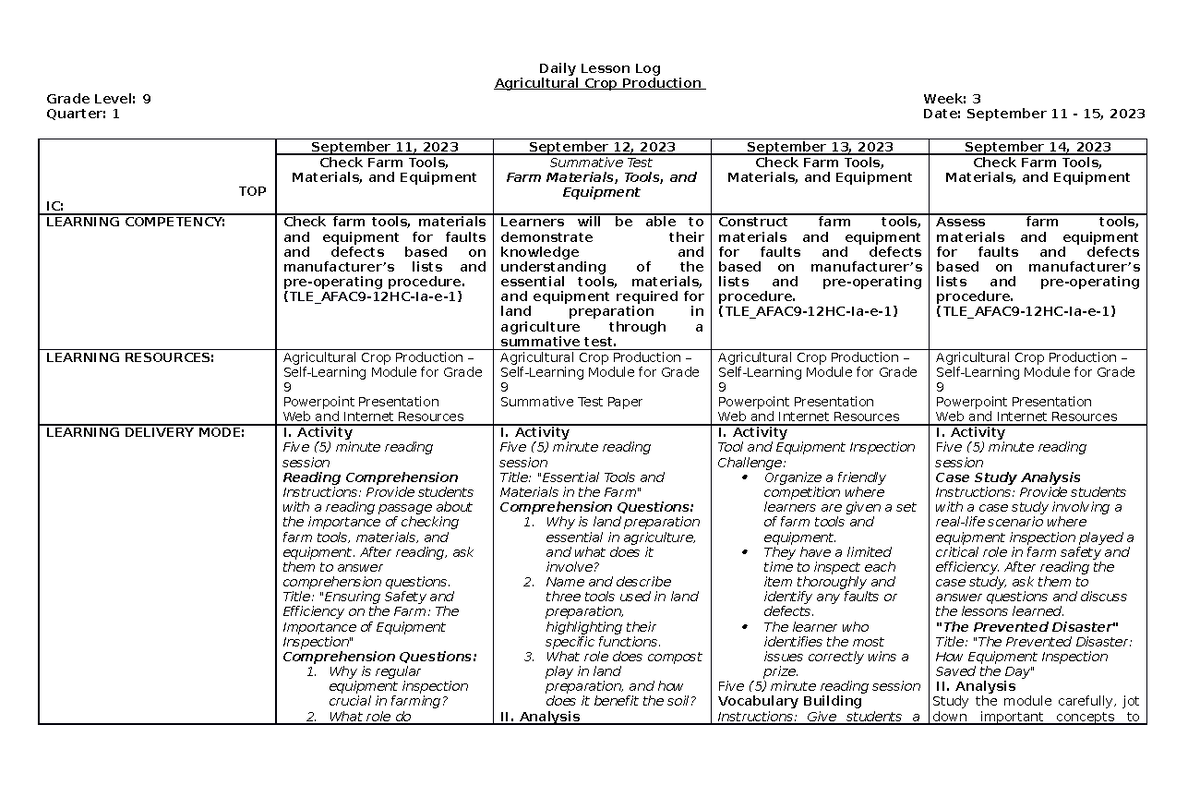 Agricultural Crop Production Lesson Log for Grade 9 (Wk 3) - Studocu