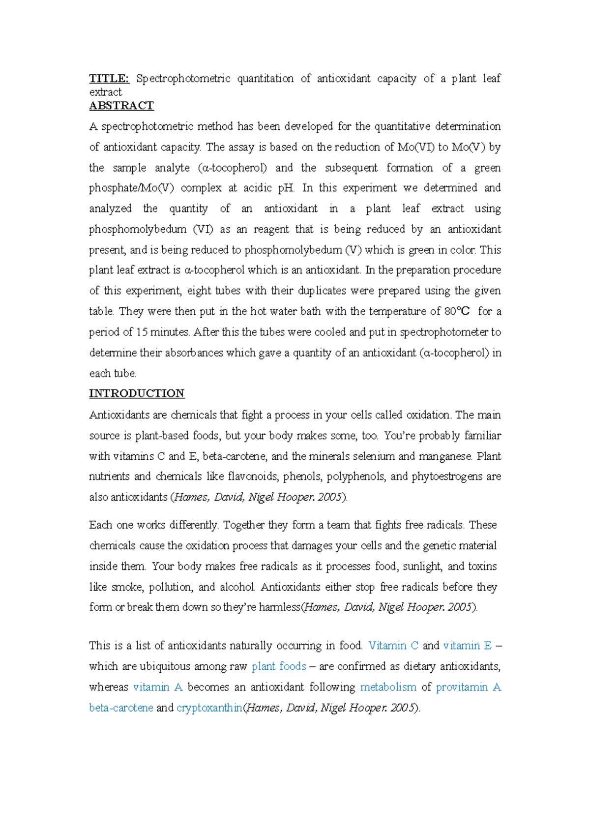 BCH 313 Final Exam: Spectrophotometric Analysis of Antioxidant Capacity ...