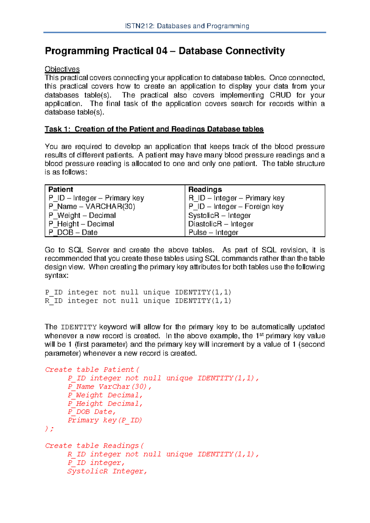 ISTN212: Practical 04 - Database Connectivity and CRUD Implementation ...