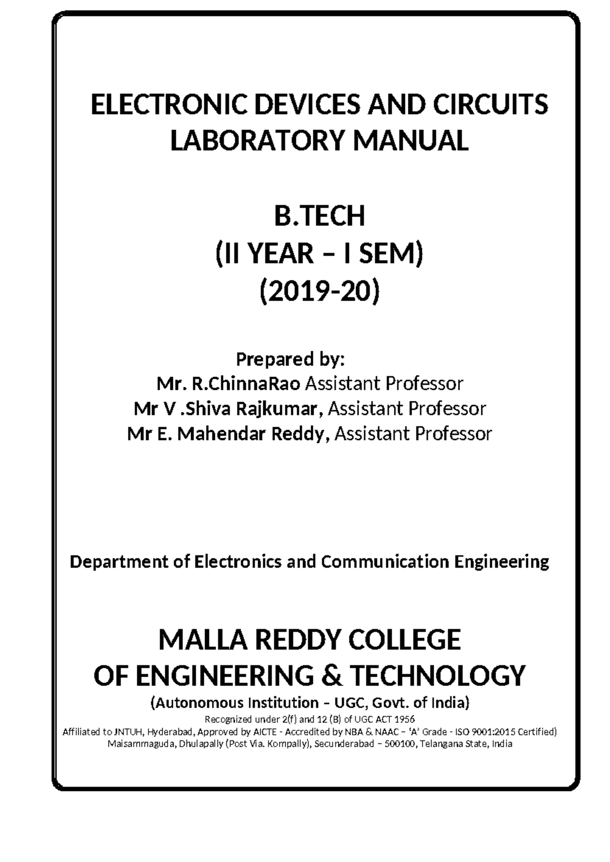 EDC Lab Manual for B.Tech ECE II Year I Sem at MRCET - Studocu