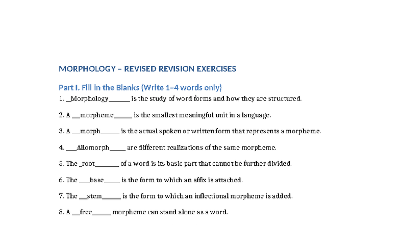 Morphology (ENG101) Revised Exercises: Fill in the Blanks & MCQs - Studocu