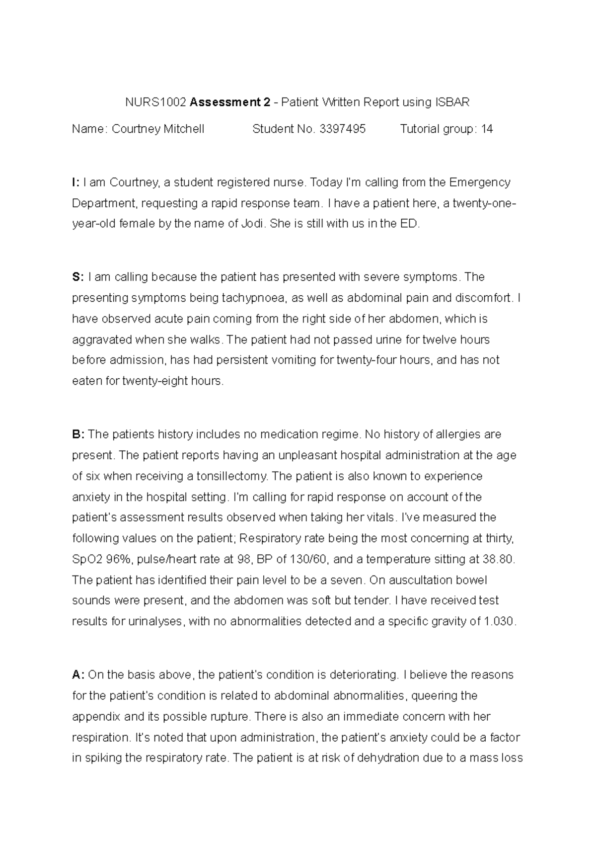 NURS1002 Assessment 2 - Patient Report Using ISBAR Template - Studocu