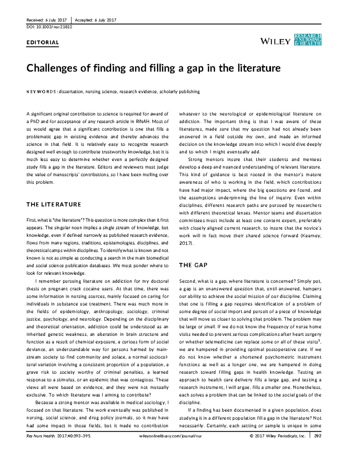 Kearney (2017) Challenges in Research: Finding and Filling Gaps - Studocu