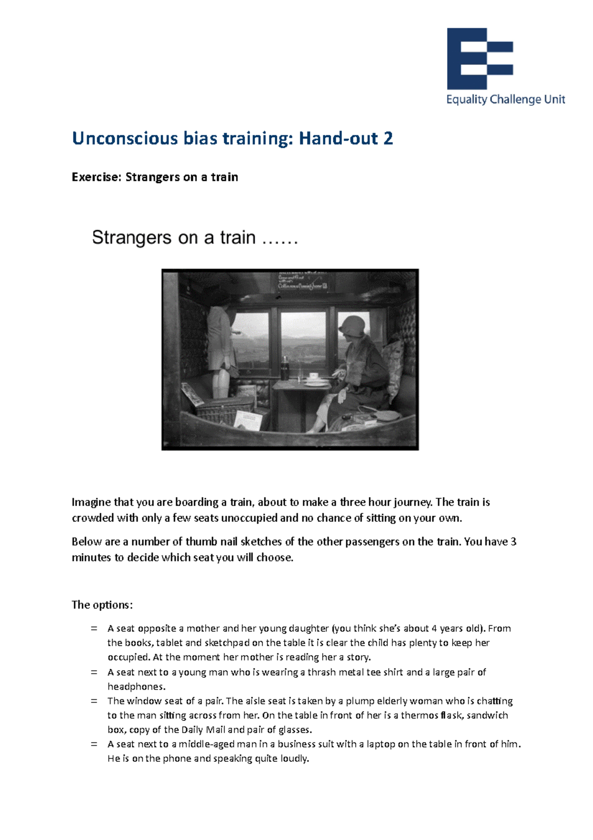 Unconscious Bias Training Exercise: Seating Choices on a Train - Studocu