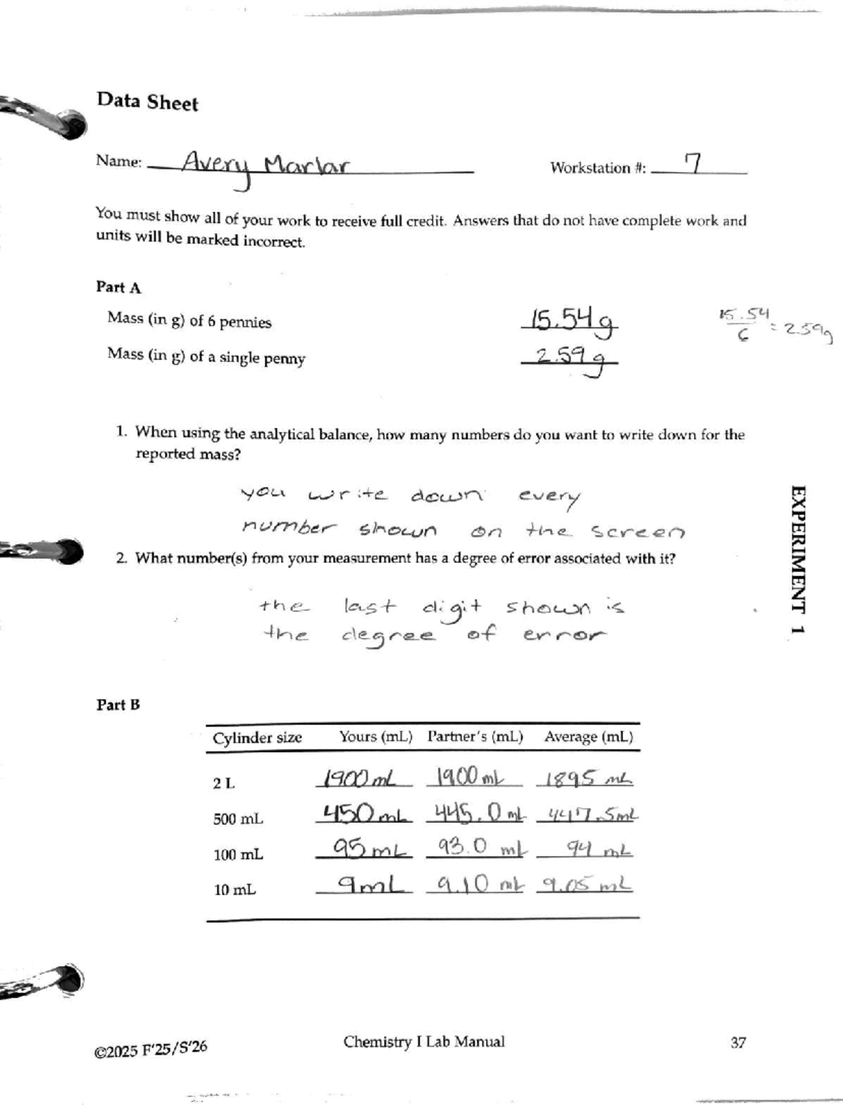 Density Lab (Chemistry I) - Data & Post Lab Questions - Studocu