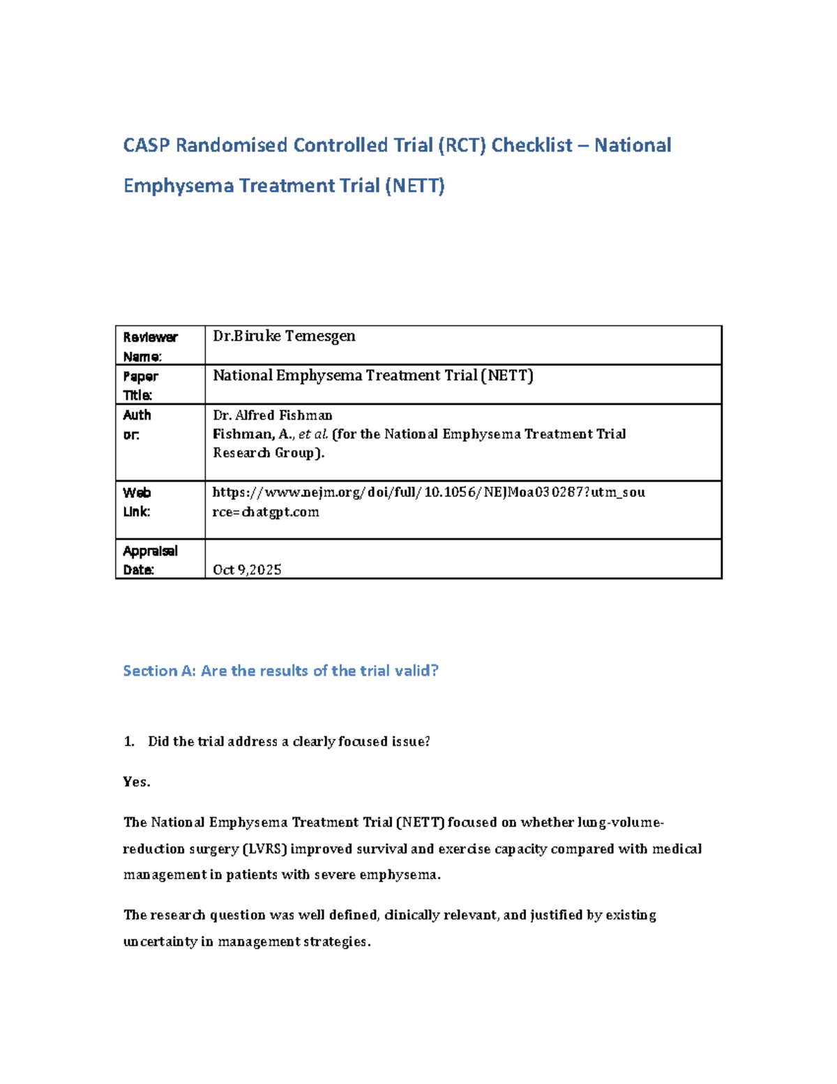 NETT CASP RCT Checklist for Emphysema Treatment - 2025 - Studocu
