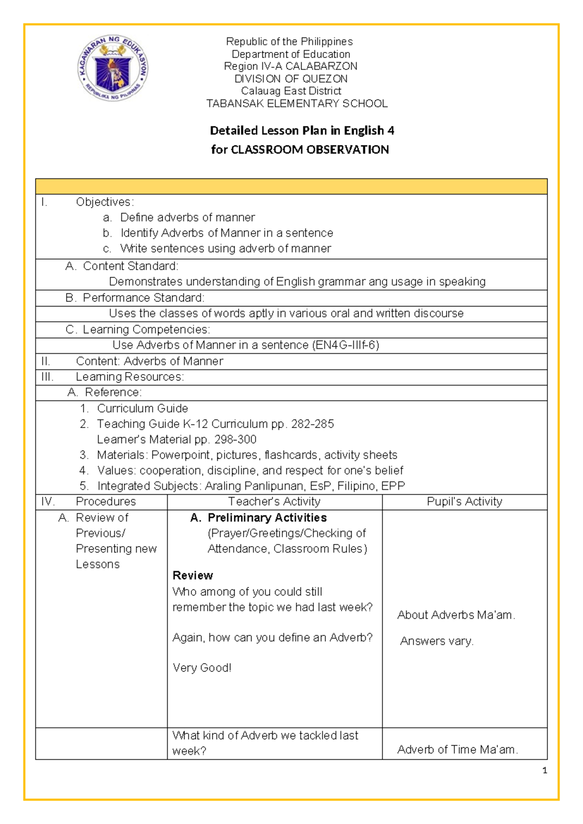 Detailed Lesson Plan in English 4: Adverbs of Manner for Classroom ...