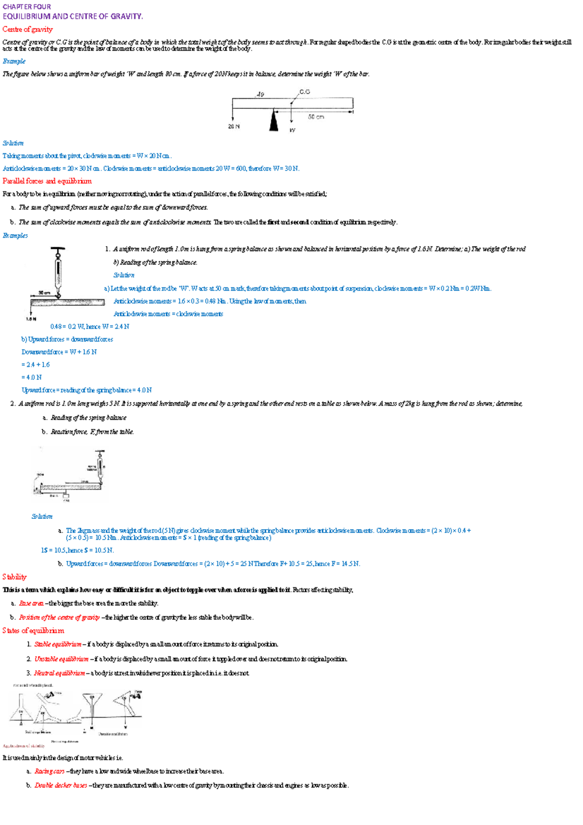 CHAPTER 4: EQUILIBRIUM AND CENTRE OF GRAVITY NOTES - Studocu