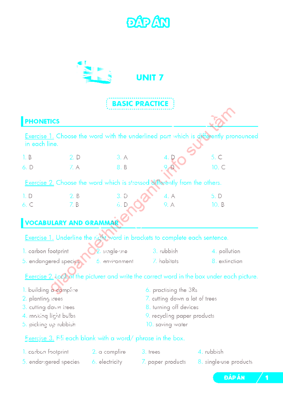 DÁP ÁN UNIT 7 & 8 BASIC PRACTICE PHONETICS & GRAMMAR - Studocu