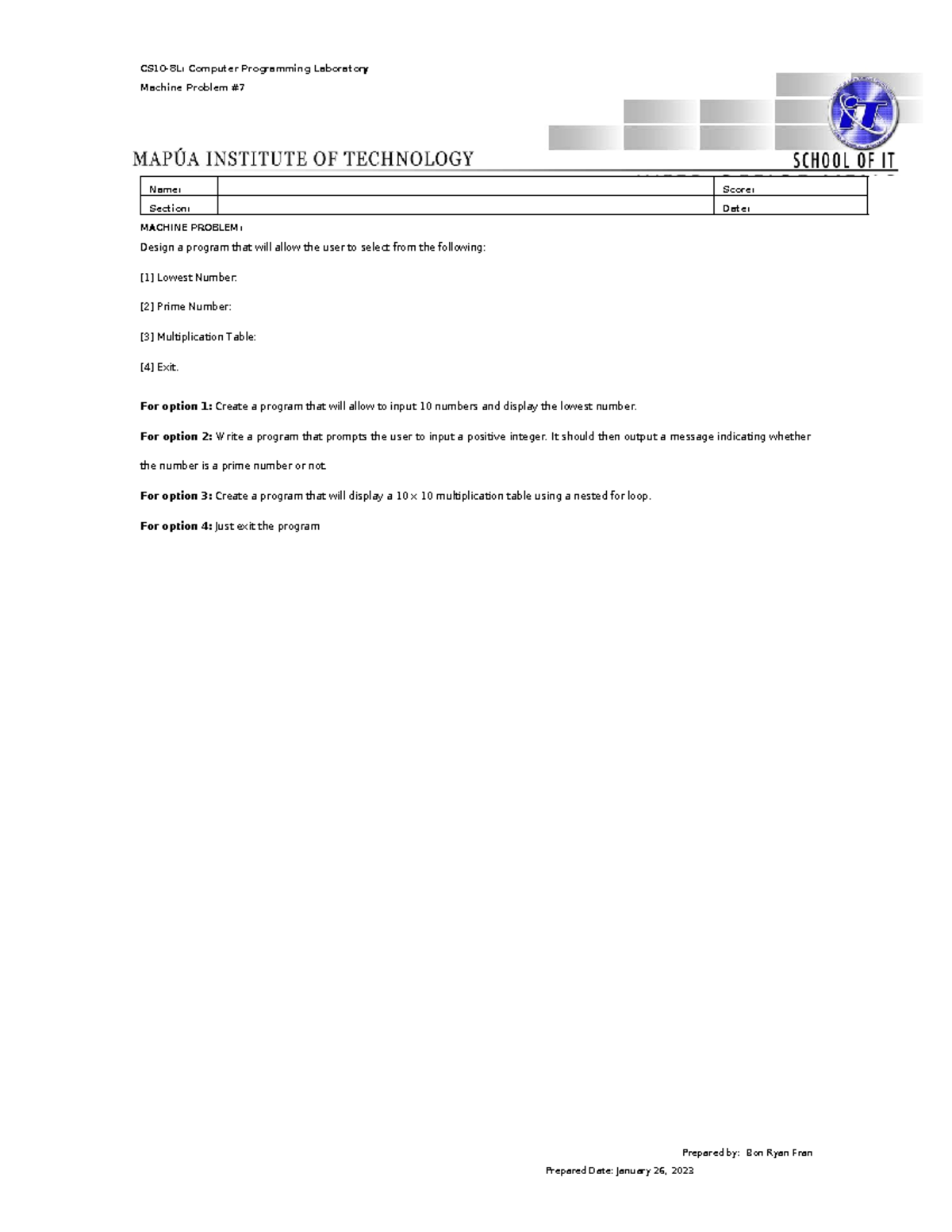 CS10-8L: Machine Problem 7 - User Selection Program Design - Studocu