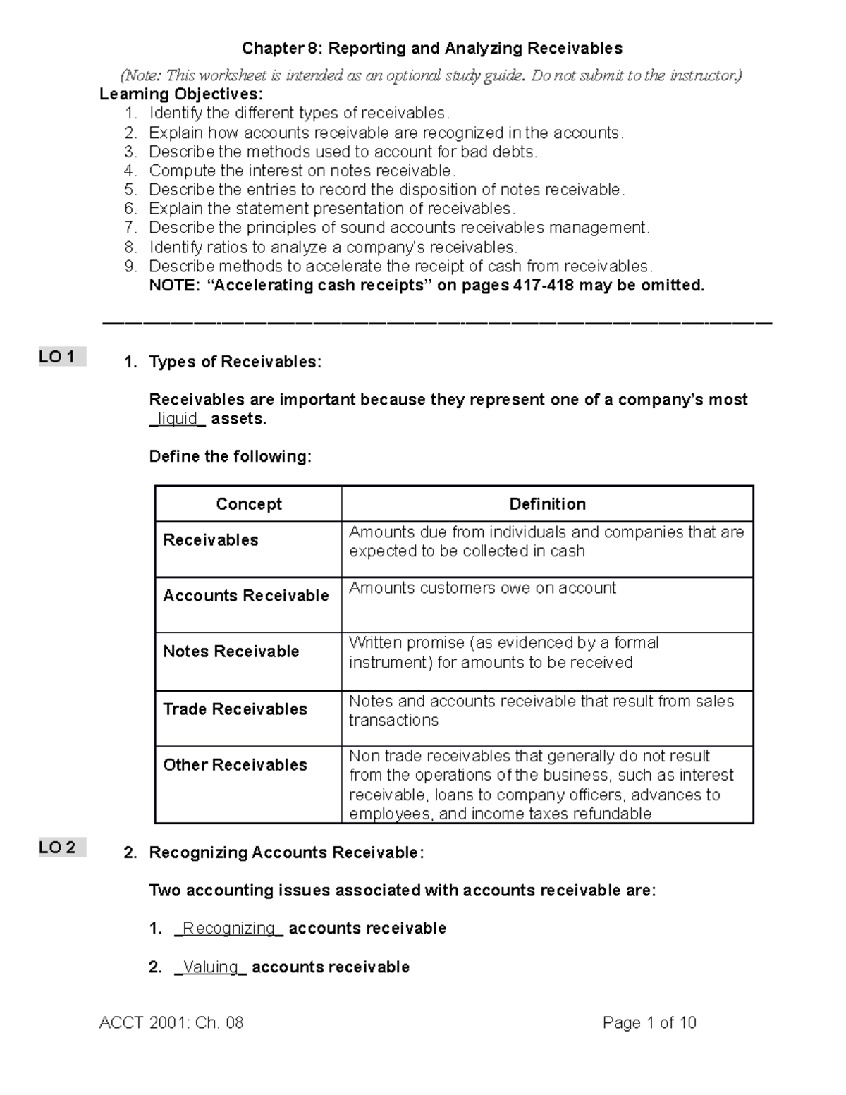 Acct 2001 Chapter 8 Study Guide: Analyzing Receivables - Studocu