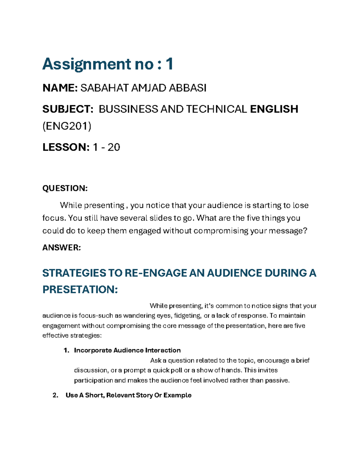 ENG201 Spring 2025: Strategies to Engage Your Audience During Presentations - Studocu
