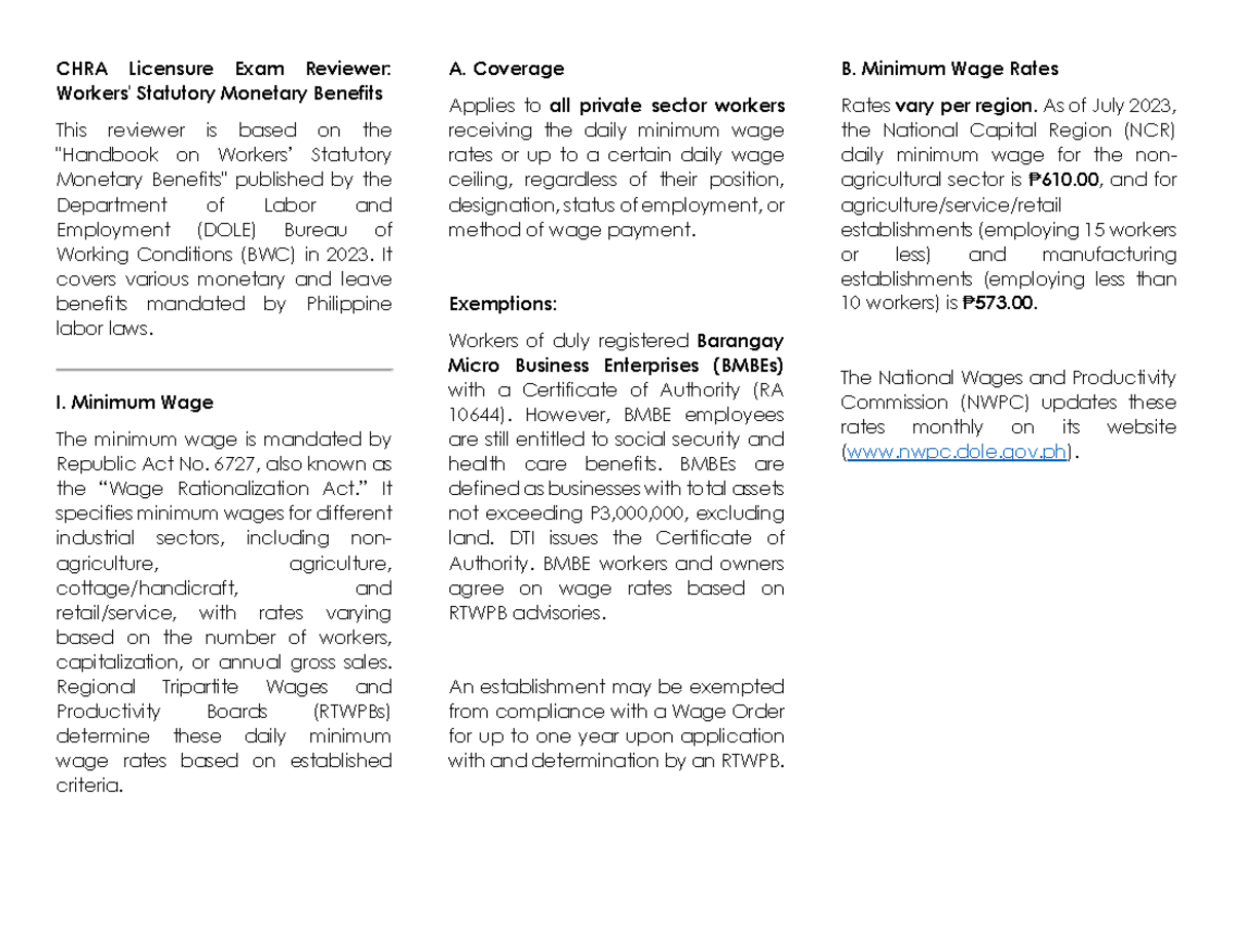 CHRA Licensure Exam Reviewer: Workers' Statutory Money Benefits - Studocu