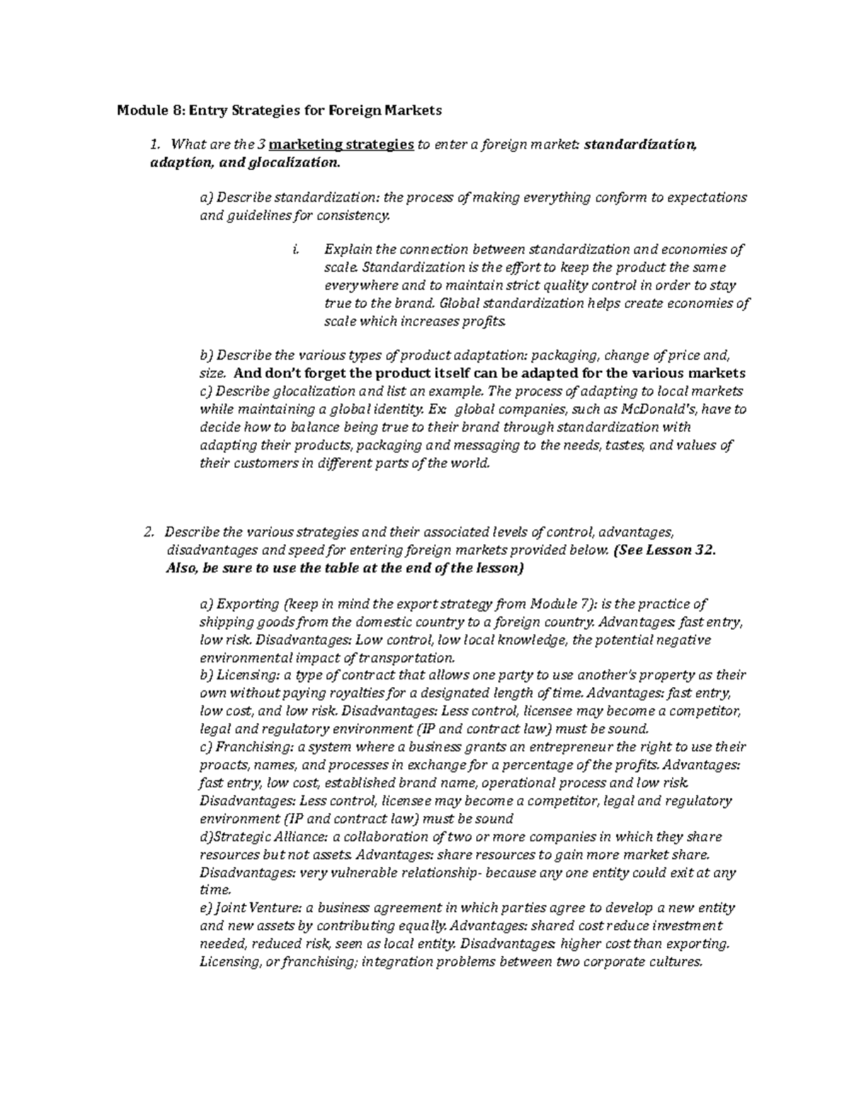 Module 8 Enhanced Study Guide - Module 8: Entry Strategies for Foreign ...