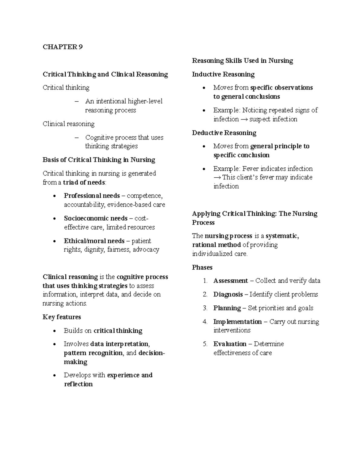 CHAPTER 9 & 15 Nursing Critical Thinking and Caring Processes Review ...