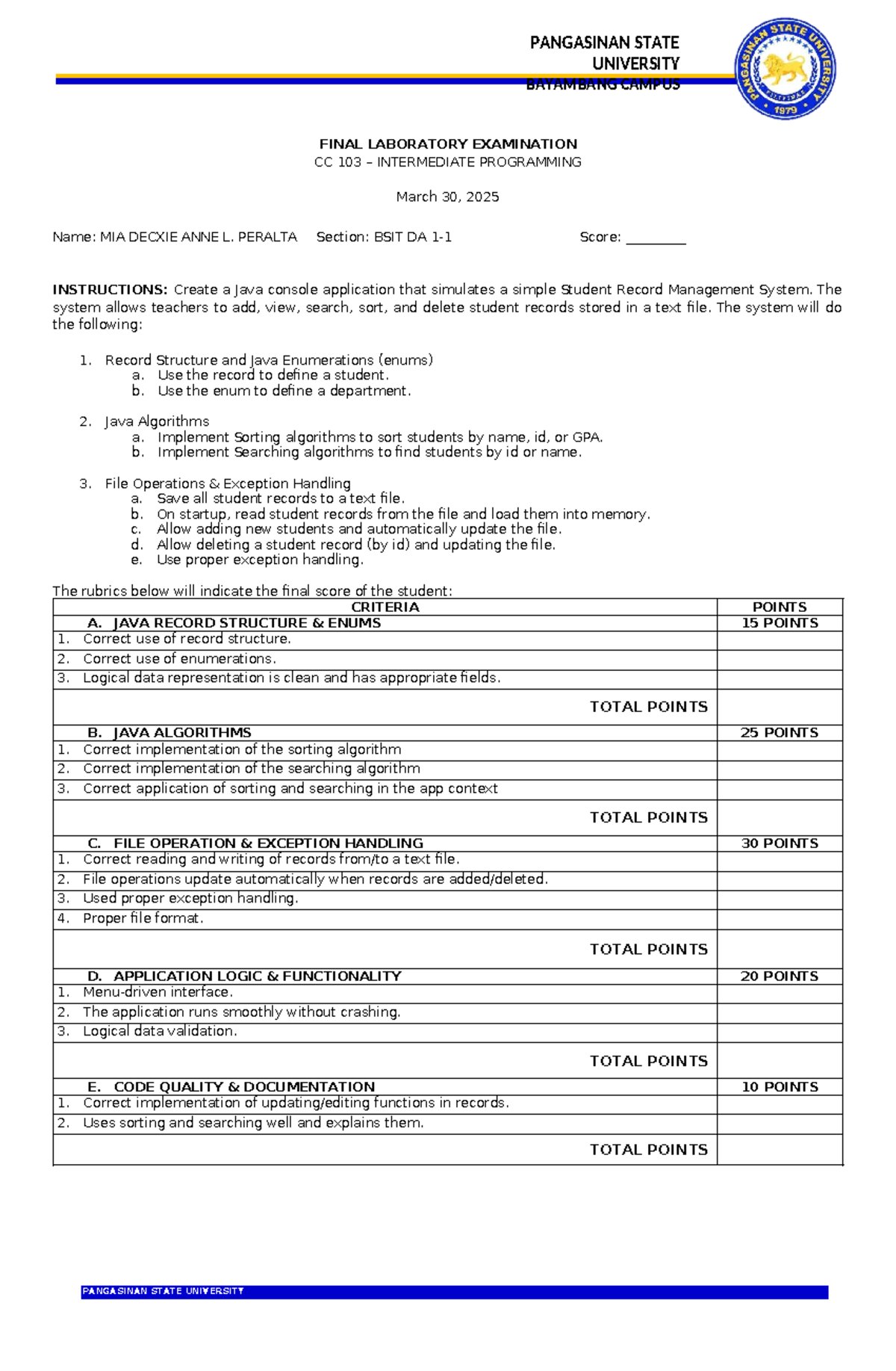 CC 103 FINAL LAB EXAM: STUDENT RECORD MANAGEMENT SYSTEM - Studocu