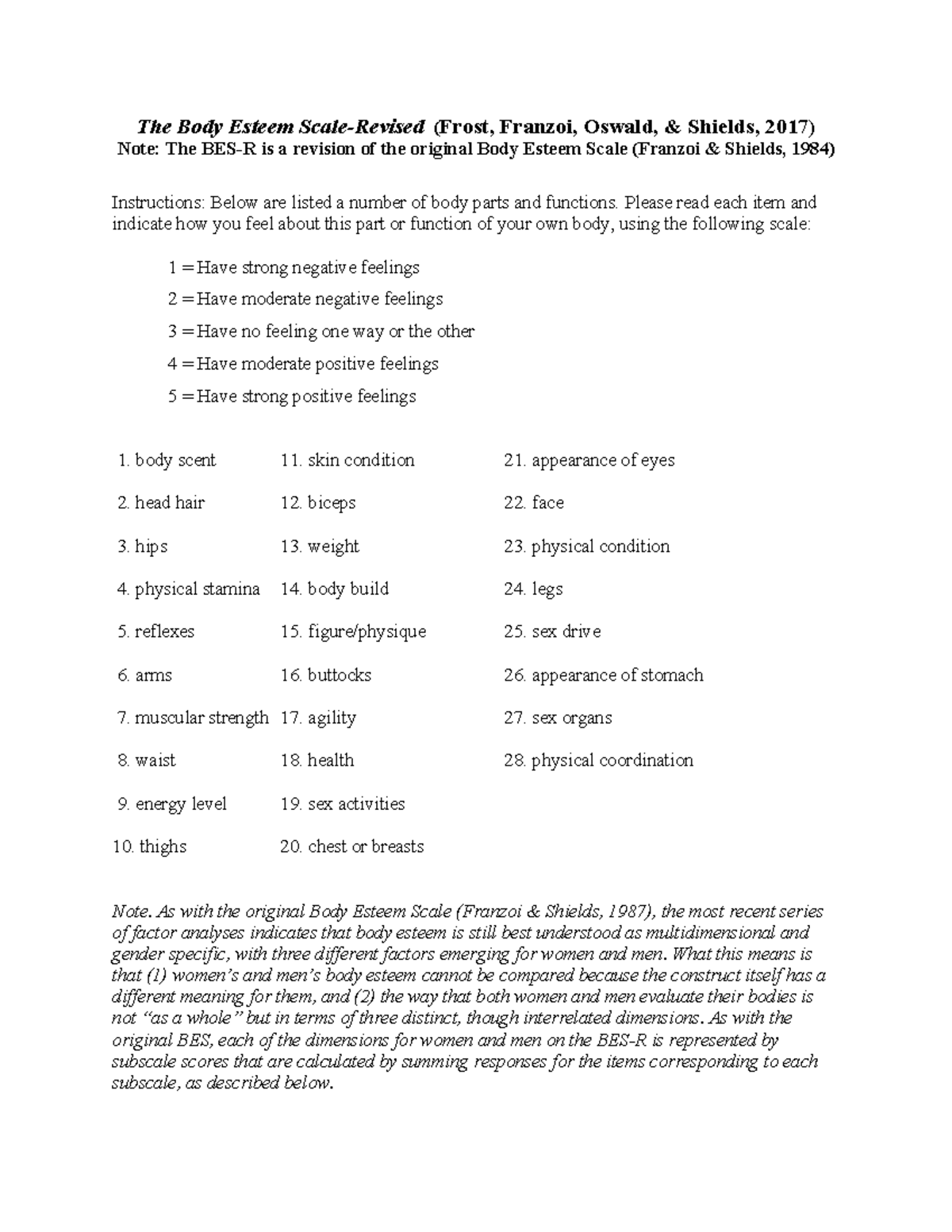 Revised Body Esteem Scale (BES-R): Full Assessment Guide - Studocu