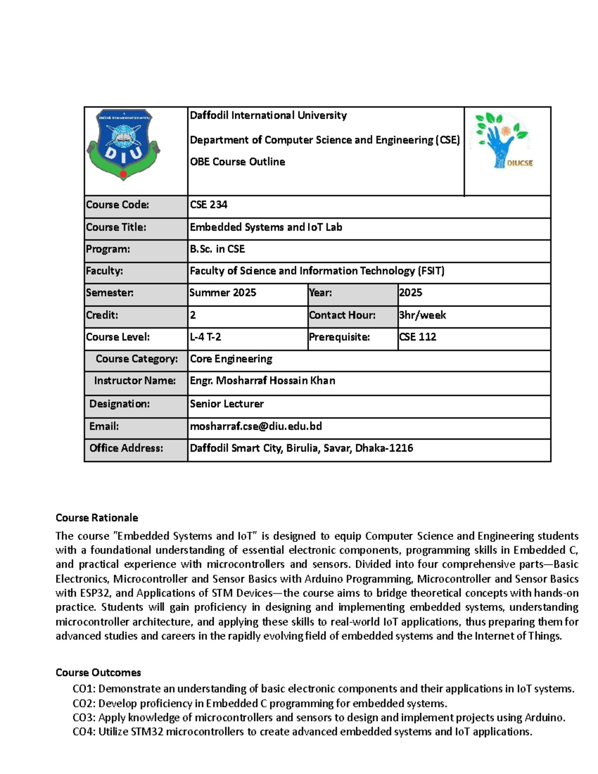 CSE 234 Embedded Systems & IoT Lab Course Outline - Summer 2025 - Studocu