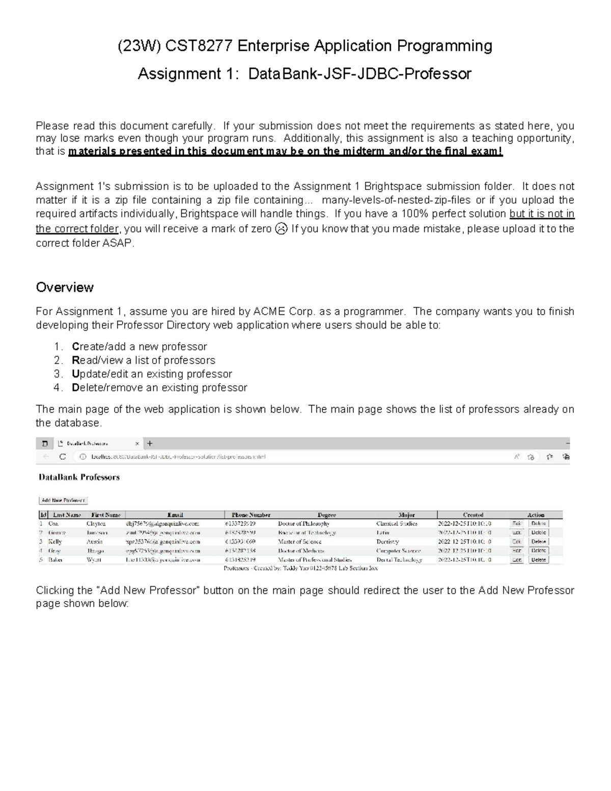 23W Assignment 1 - (23W) CST8277 Enterprise Application Programming Assignment 1: - Studocu