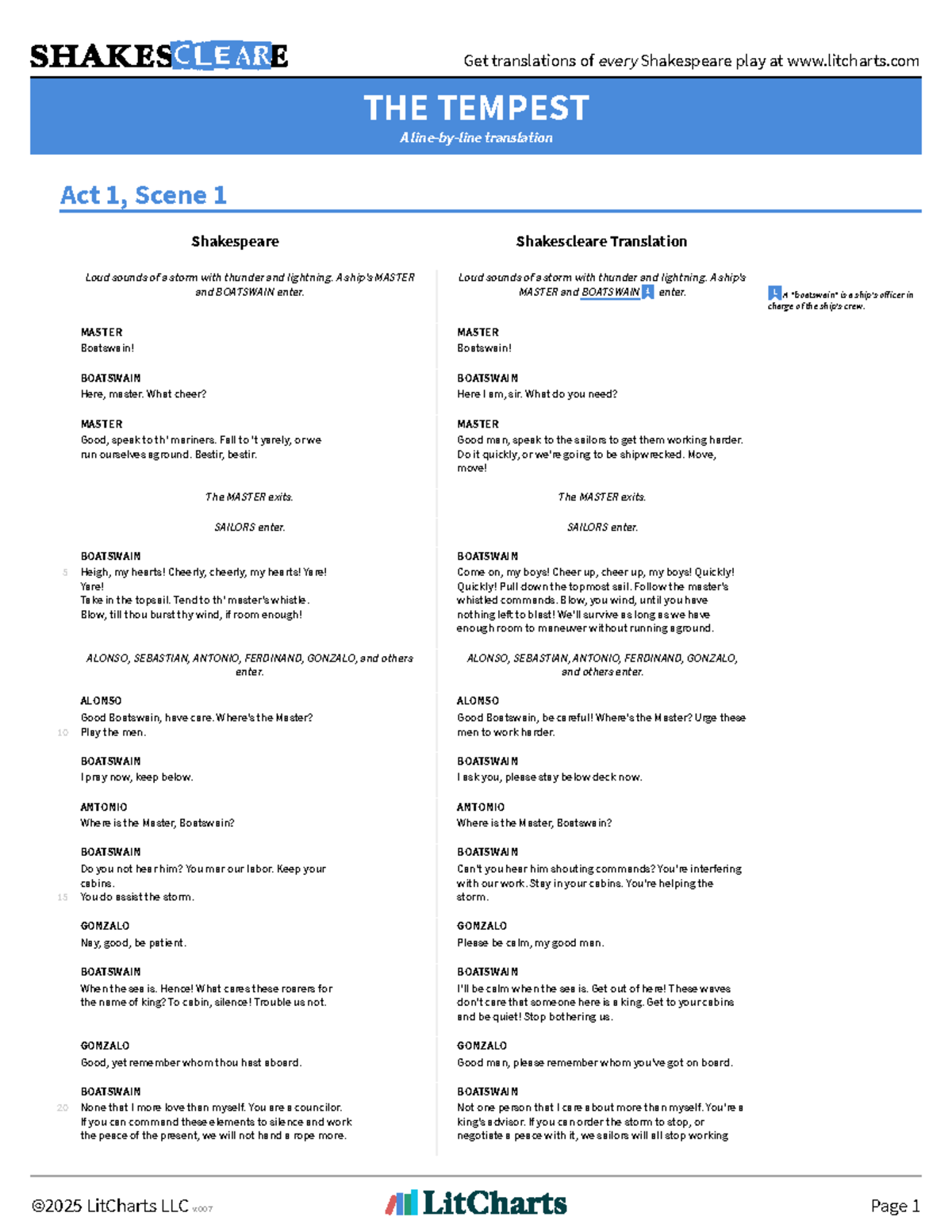 The Tempest (Shakescleare Translation) - Act 1 Scene 1 Analysis - Studocu