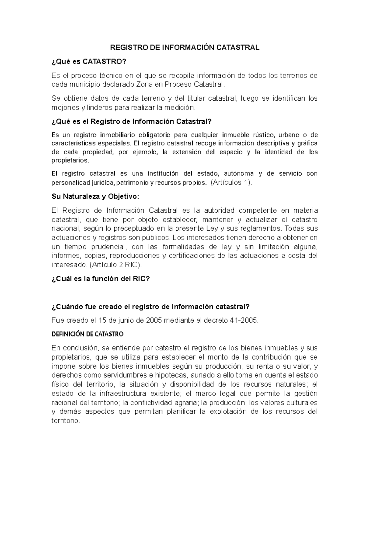 Registro de Información Catastral: Definición y Funciones Clave - Studocu