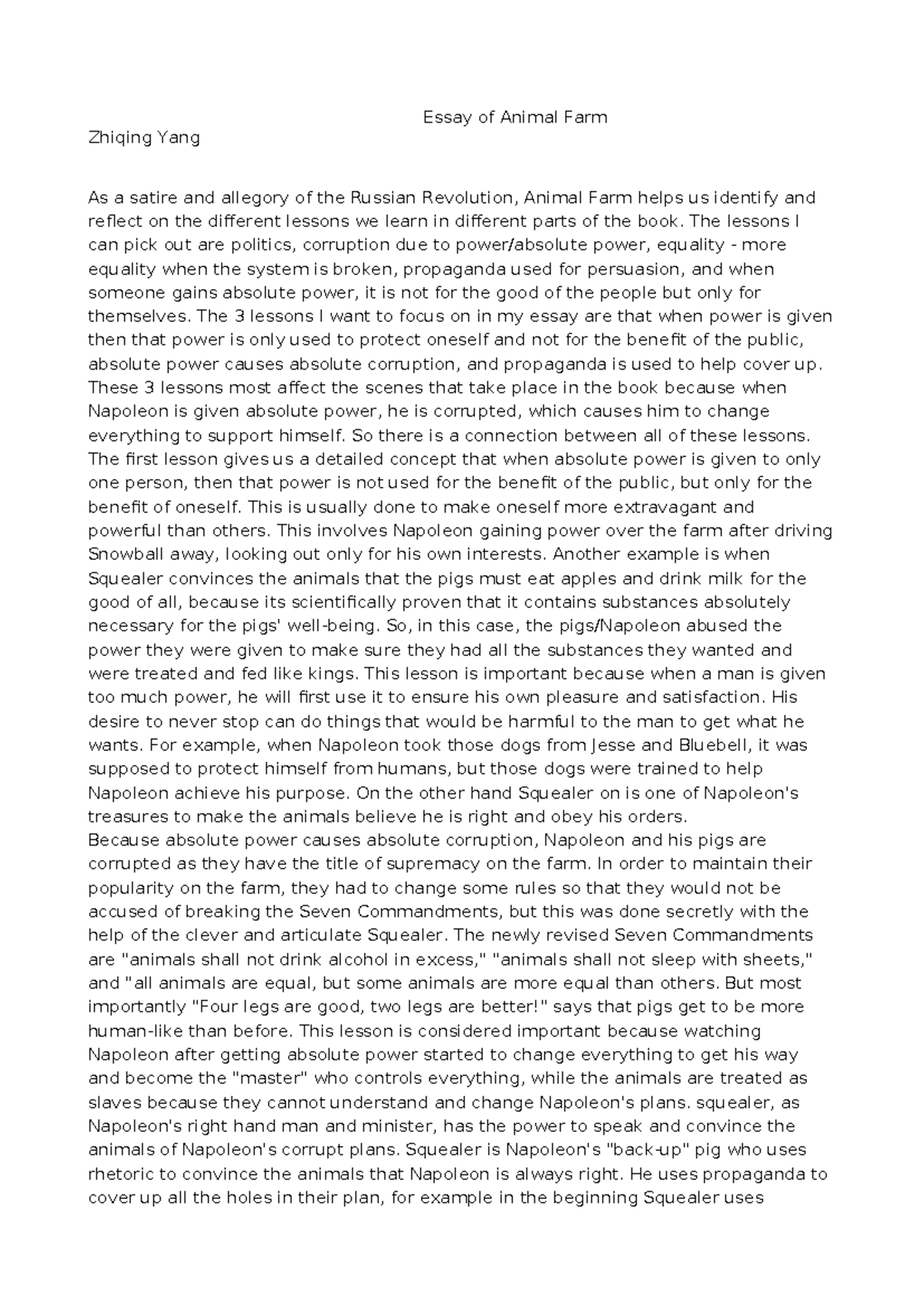 Unit 1 - Activity 15 Essay: Animal Farm's Lessons on Power and ...