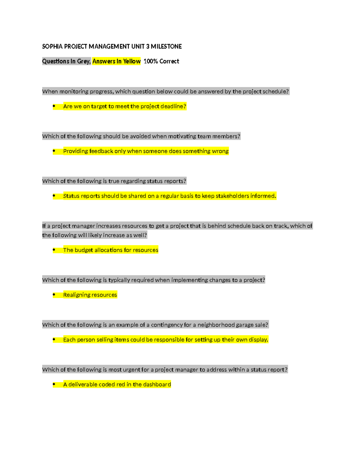 Project Management Unit 3 Milestone: Questions & Answers Guide - Studocu